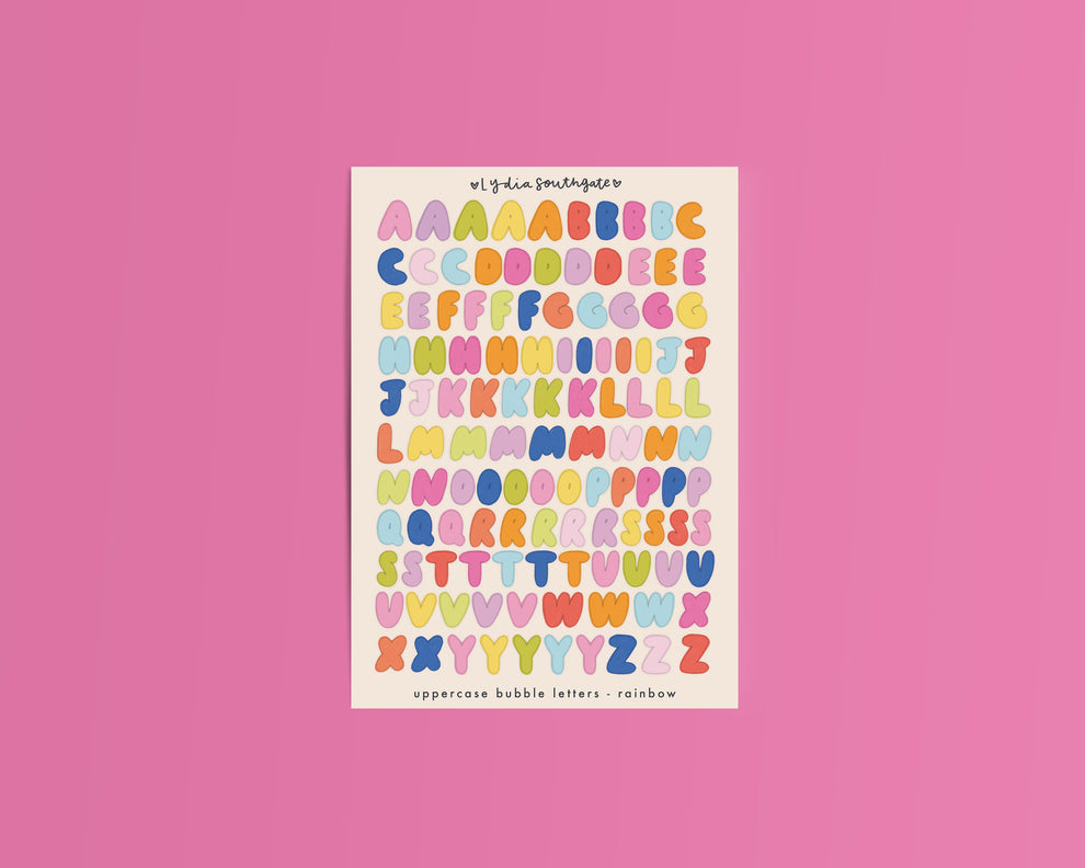 Bubble Letters Sticker Sheets (7 colour options) – lydia southgate