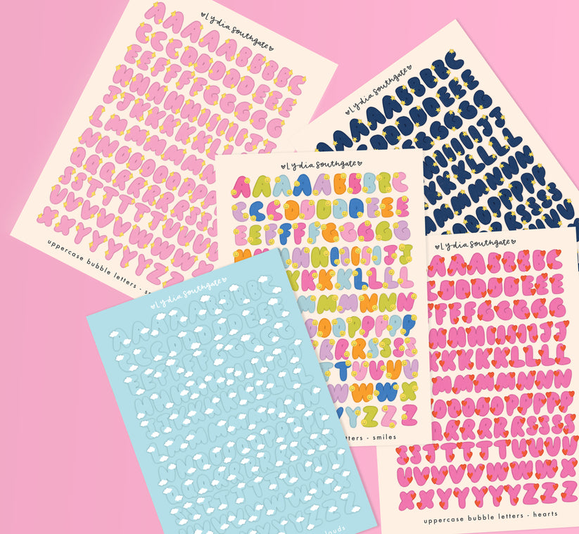 Illustrated Bubble Letters Sticker Sheets (5 pattern options) – lydia ...